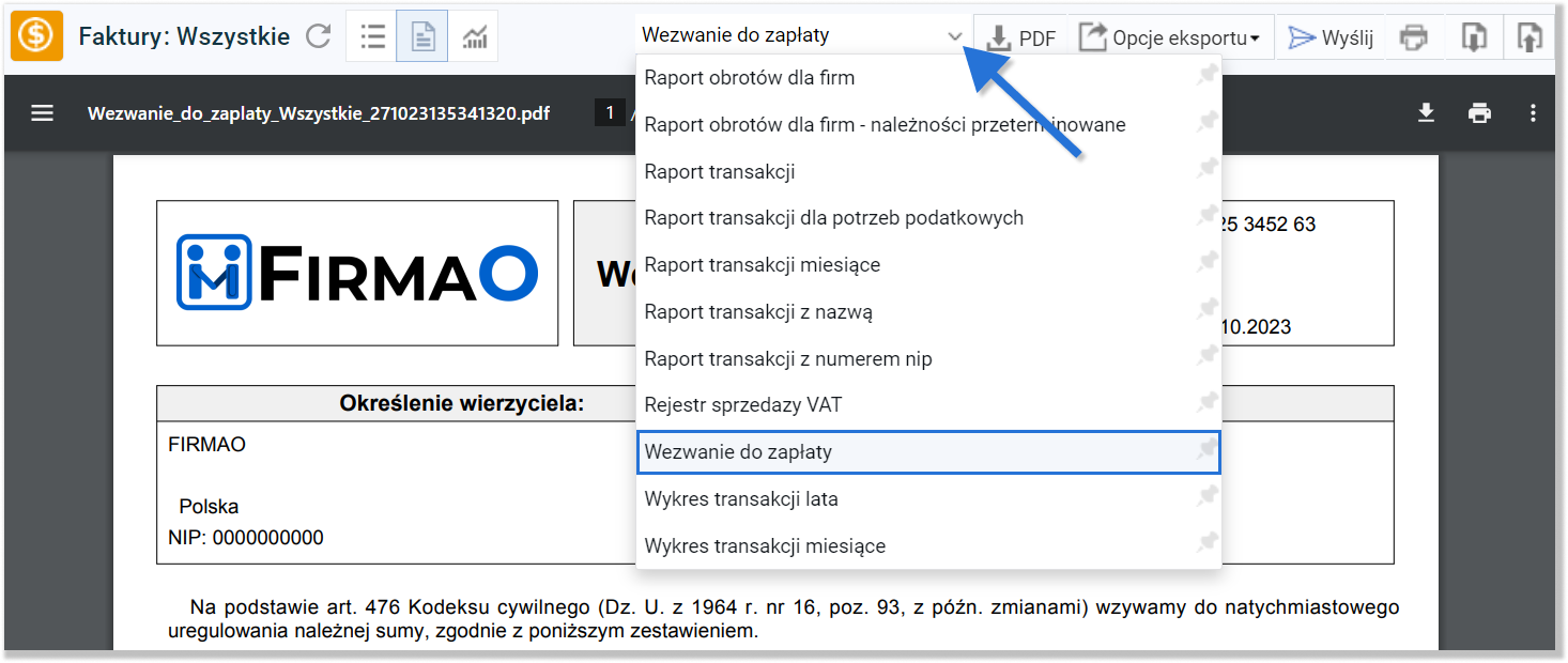 Generowanie wezwania do zapłaty - System CRM i oprogramowanie WMS Firmao